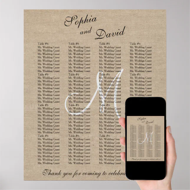 Rustic Linen Canvas Wedding Monogram Seating Chart | Zazzle