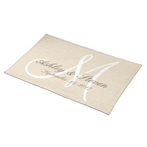 Rustic Linen Look with White Monogram Cloth Placemat | Zazzle