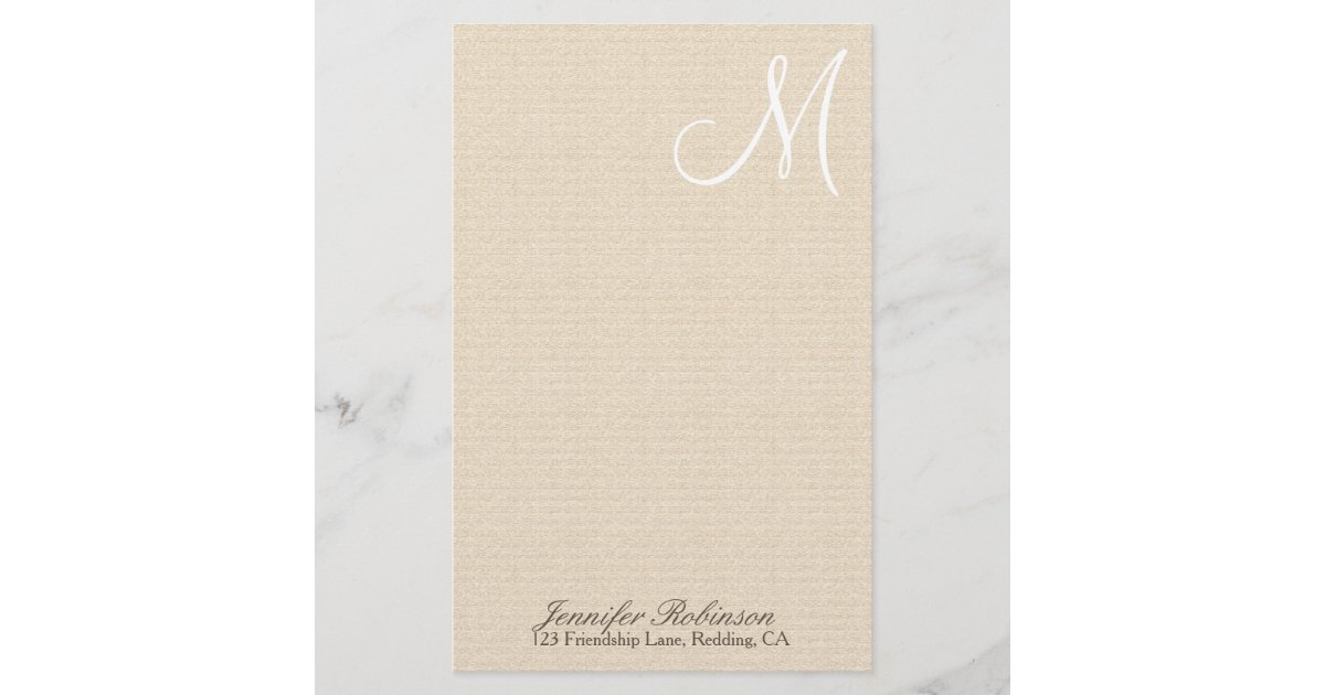 Rustic Linen Look with White Monogram Stationery | Zazzle