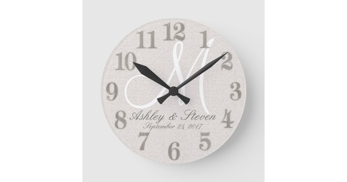 Rustic Linen with White Monogram Round Clock | Zazzle