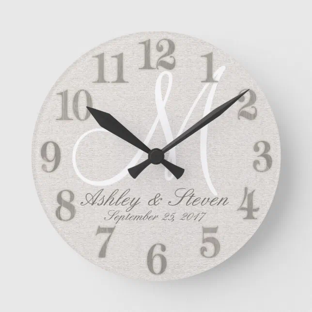 Rustic Linen with White Monogram Round Clock | Zazzle