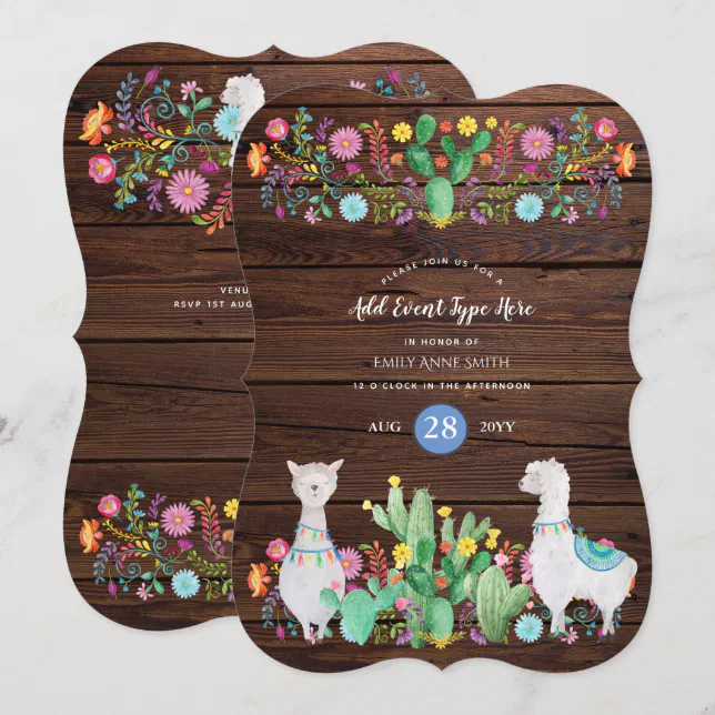 Rustic Llama Watercolor Folk Flowers ANY EVENT Invitation | Zazzle