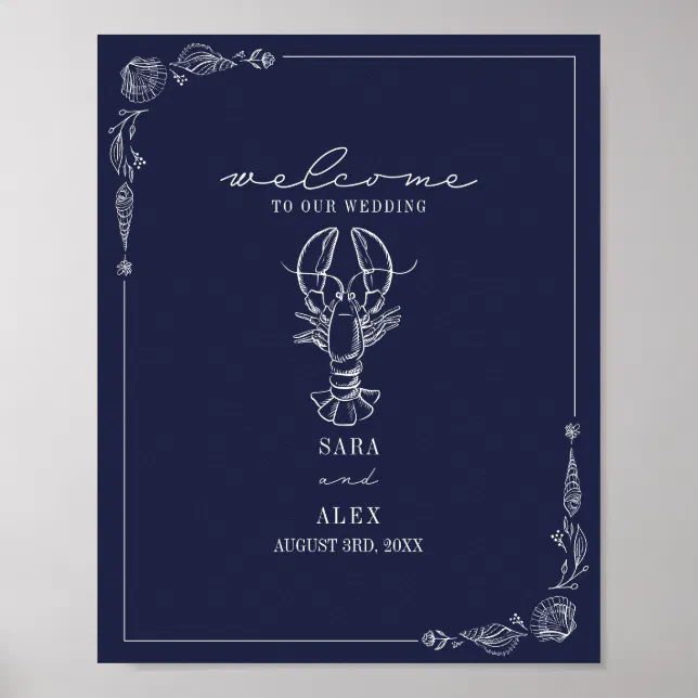 Rustic Lobster Dark Blue Beach Wedding Welcome Poster | Zazzle