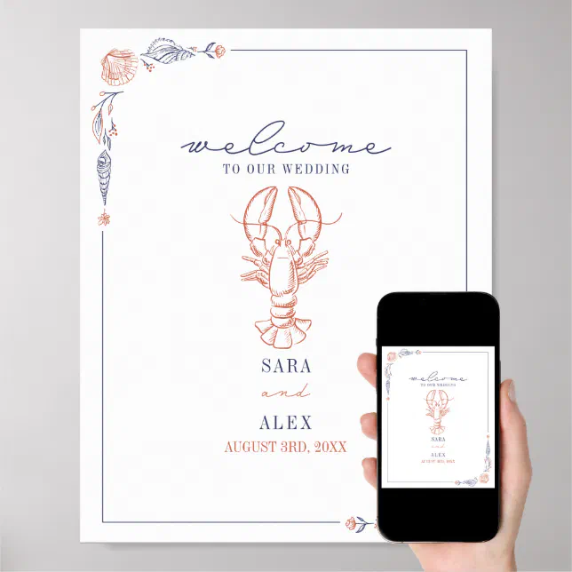 Rustic Lobster Red & Blue Beach Wedding Welcome Poster | Zazzle