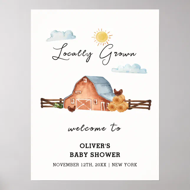 Rustic Locally Grown Farm Barn Baby Shower Welcome Poster | Zazzle