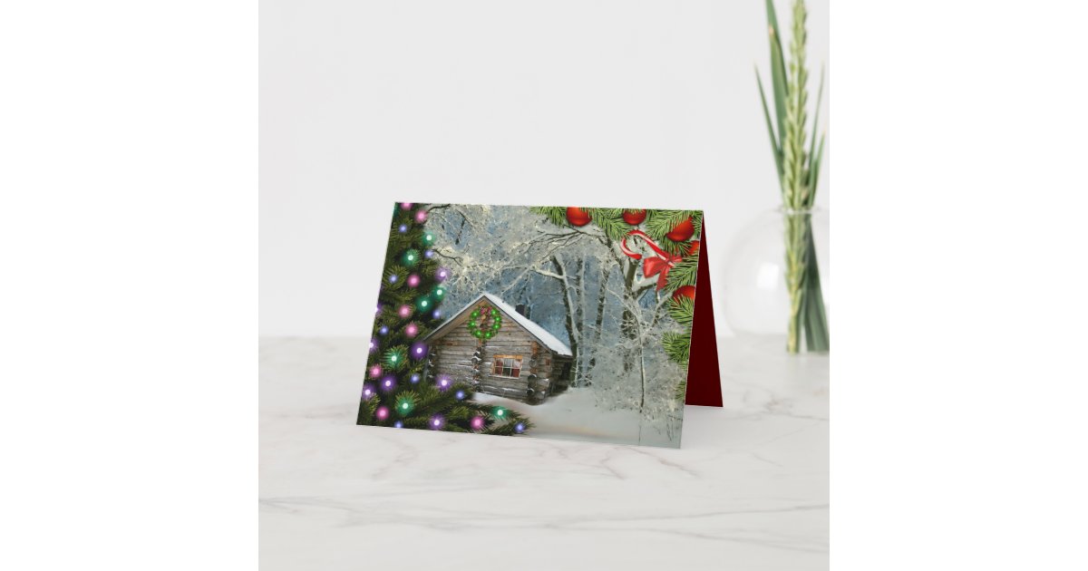 Rustic Log Cabin In The Wilderness Christmas Holiday Card | Zazzle