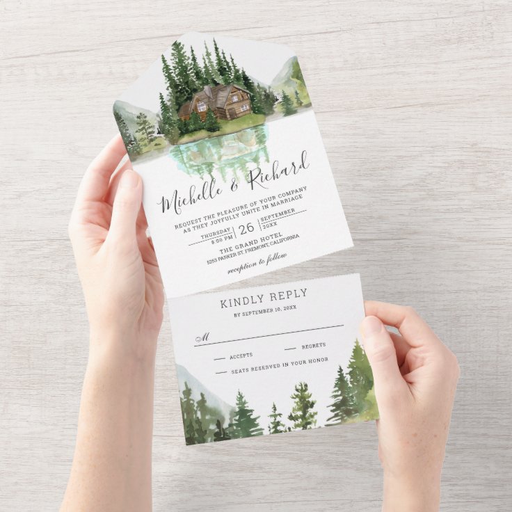 Rustic Log Cabin Mountain Forest Lake Wedding All In One Invitation ...