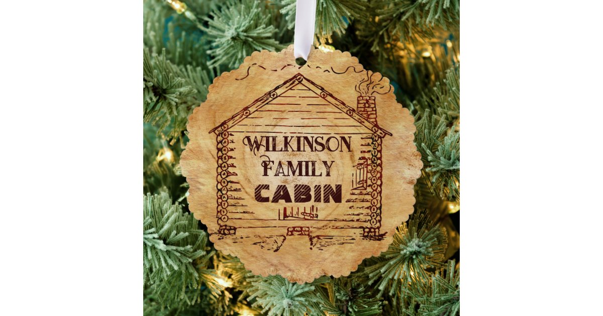Rustic Log Cabin Personalized Family Name Ornament Card | Zazzle