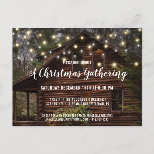 Rustic Log Cabin String Lights Christmas Party Invitation Postcard ...