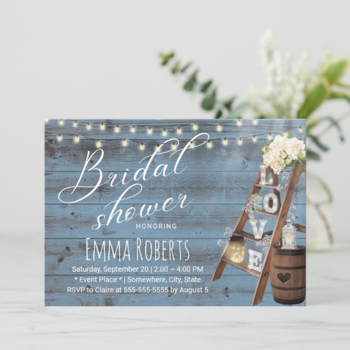 Rustic Love Ladder Dusty Blue Wood Bridal Shower Invitation | Zazzle