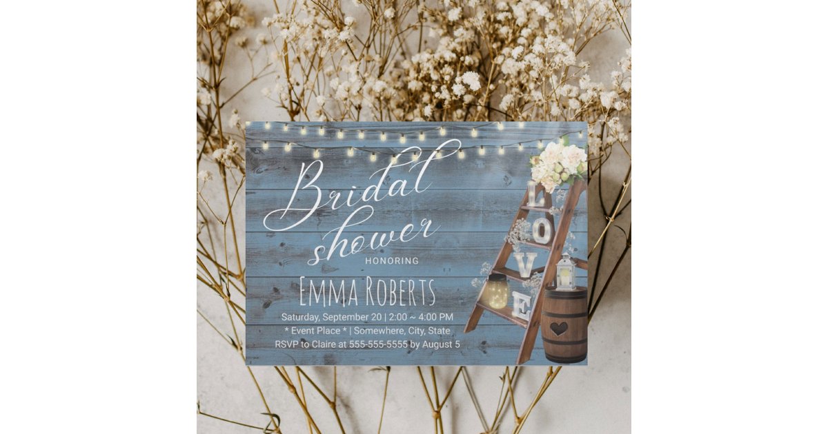 Rustic Love Ladder Dusty Blue Wood Bridal Shower Invitation | Zazzle