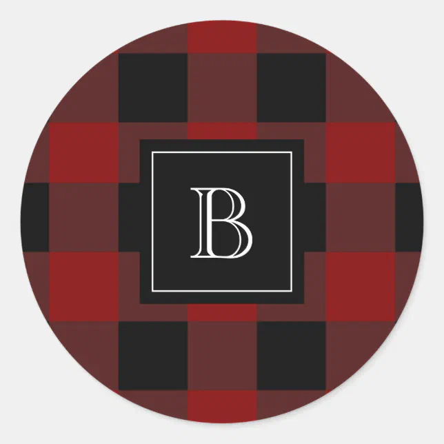 Rustic Lumberjack Buffalo Plaid Monogram Initial Classic Round Sticker ...