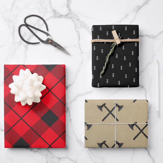 Rustic Lumberjack Plaid | Christmas Tree & Axes Wrapping Paper Sheets ...