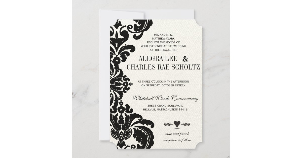 Rustic Luxe Vintage Black Damask Wedding Invites | Zazzle