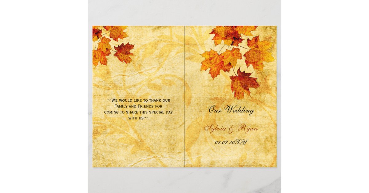 Rustic maple leaves fall bi fold Wedding program | Zazzle