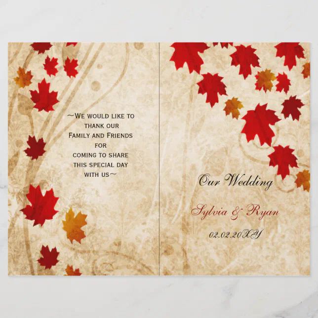 Rustic maple leaves fall bi fold Wedding program | Zazzle