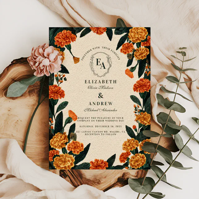 Rustic Marigold Floral Autumn Wedding Invitation | Zazzle