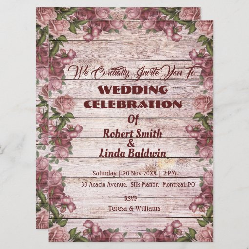 Rustic Maroon Floral Woody Wedding Invitation | Zazzle