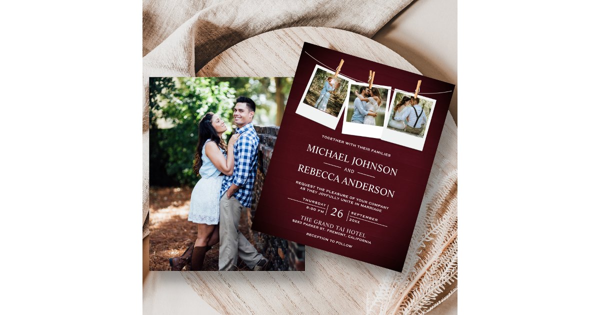 Rustic Maroon Wood Photo Budget Wedding Invitation | Zazzle