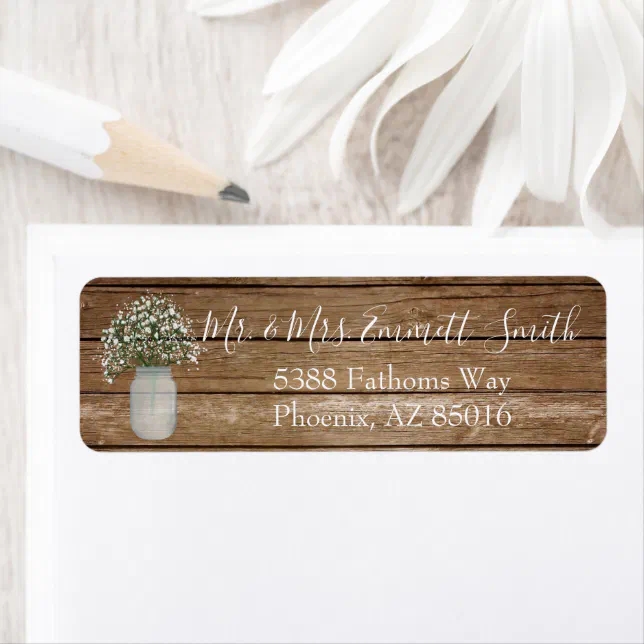 Rustic Mason Jar Babys Breath Return Address Label | Zazzle