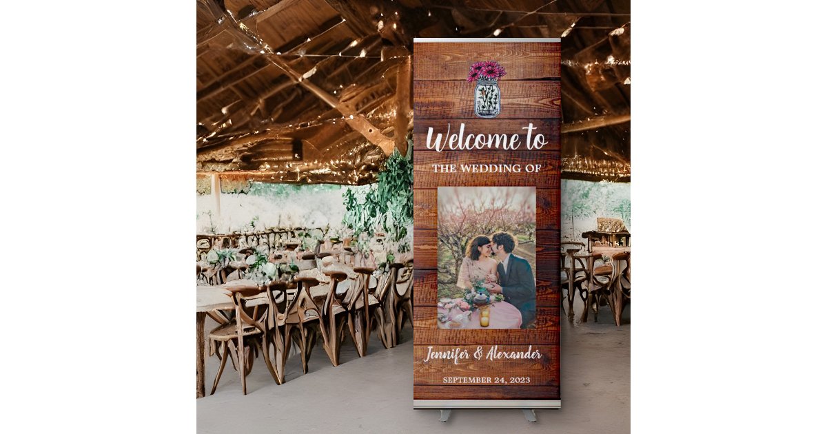 Rustic mason jar barn wood photo country wedding retractable banner ...