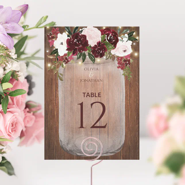 Rustic Mason Jar Floral Large Wedding Table Number | Zazzle