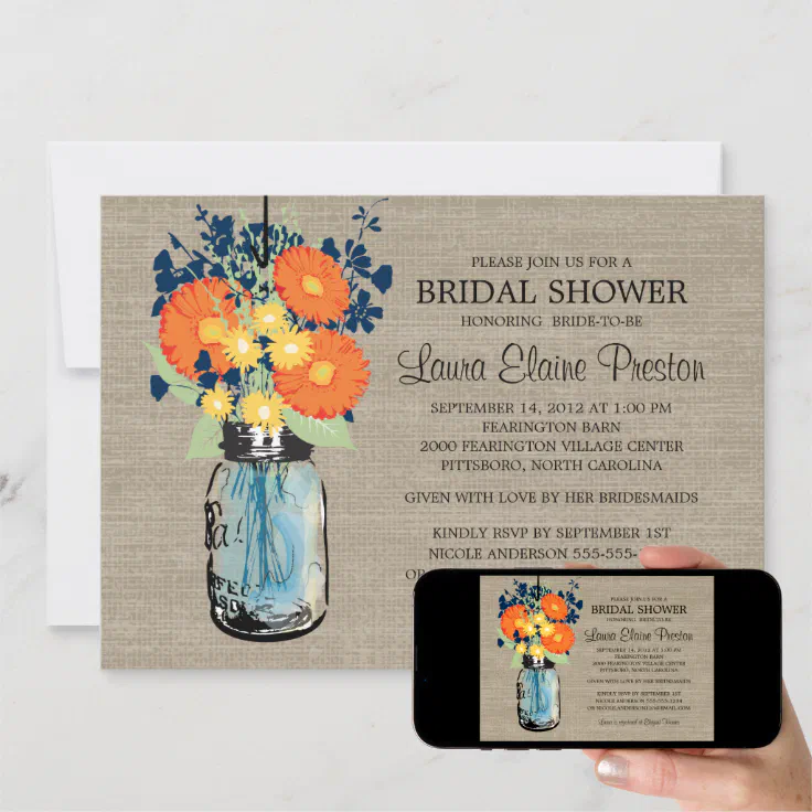 Rustic Mason Jar Gerber Daisies Bridal Shower Invitation | Zazzle