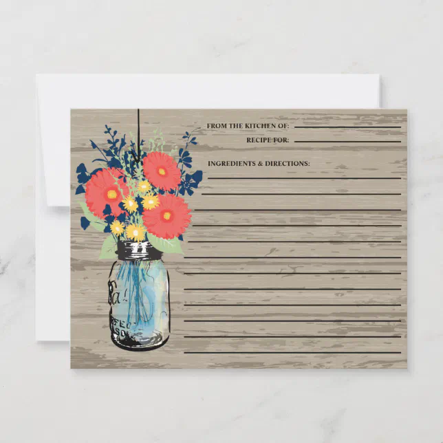Rustic Mason Jar Gerber Daisies Recipe Card | Zazzle
