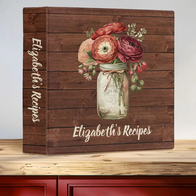 Rustic Mason Jar Monogram Name Floral Recipe 3 Ring Binder | Zazzle