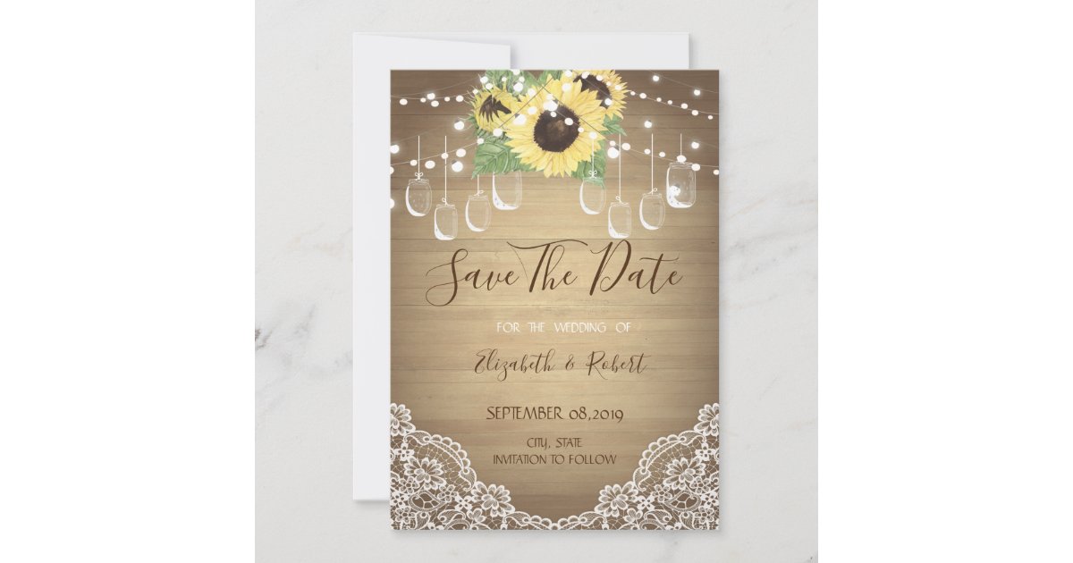 Rustic Mason Jar, Sunflower, Lace Save The Date | Zazzle