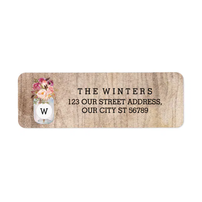 Rustic Mason Jar Watercolor Flowers Wood Wedding Label | Zazzle