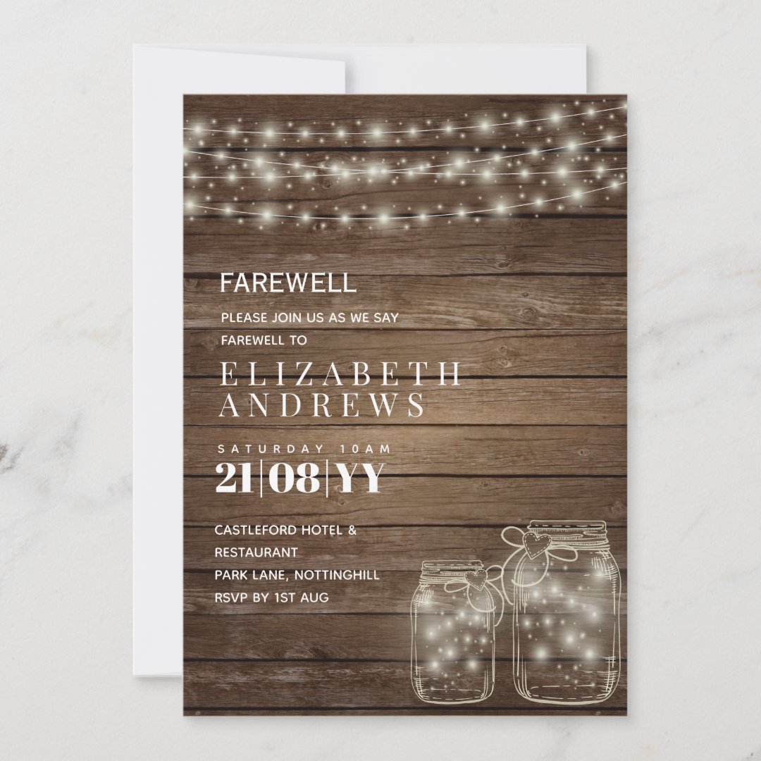 Rustic Mason Jars Lights Wood FAREWELL Goodbye Holiday Card | Zazzle