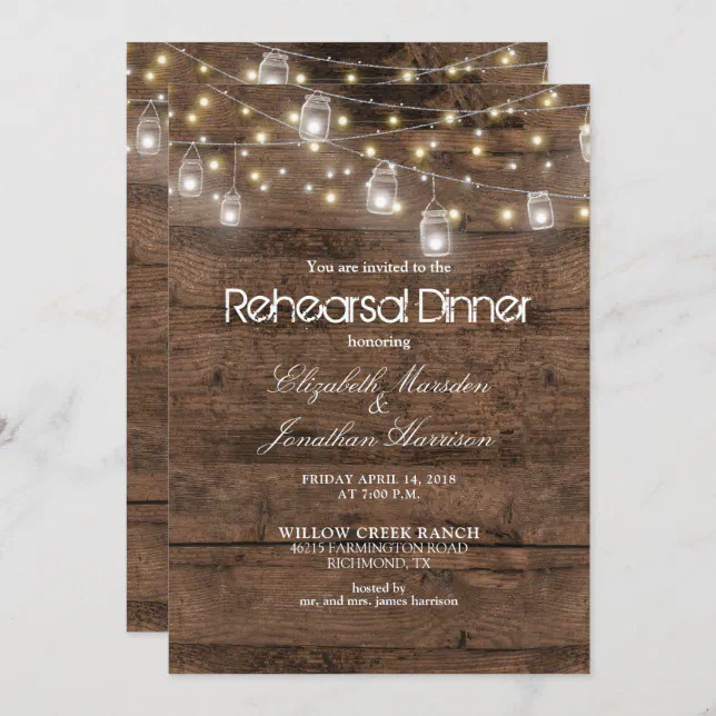 Rustic Mason Jars String Lights Rehearsal Dinner Invitation | Zazzle