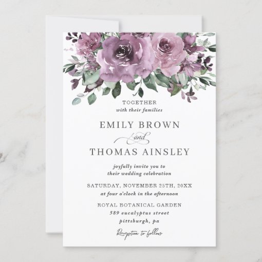 Rustic Mauve Plum Purple Floral Greenery Wedding Invitation | Zazzle