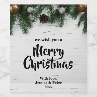 Rustic Merry Christmas pine tree Wine label | Zazzle