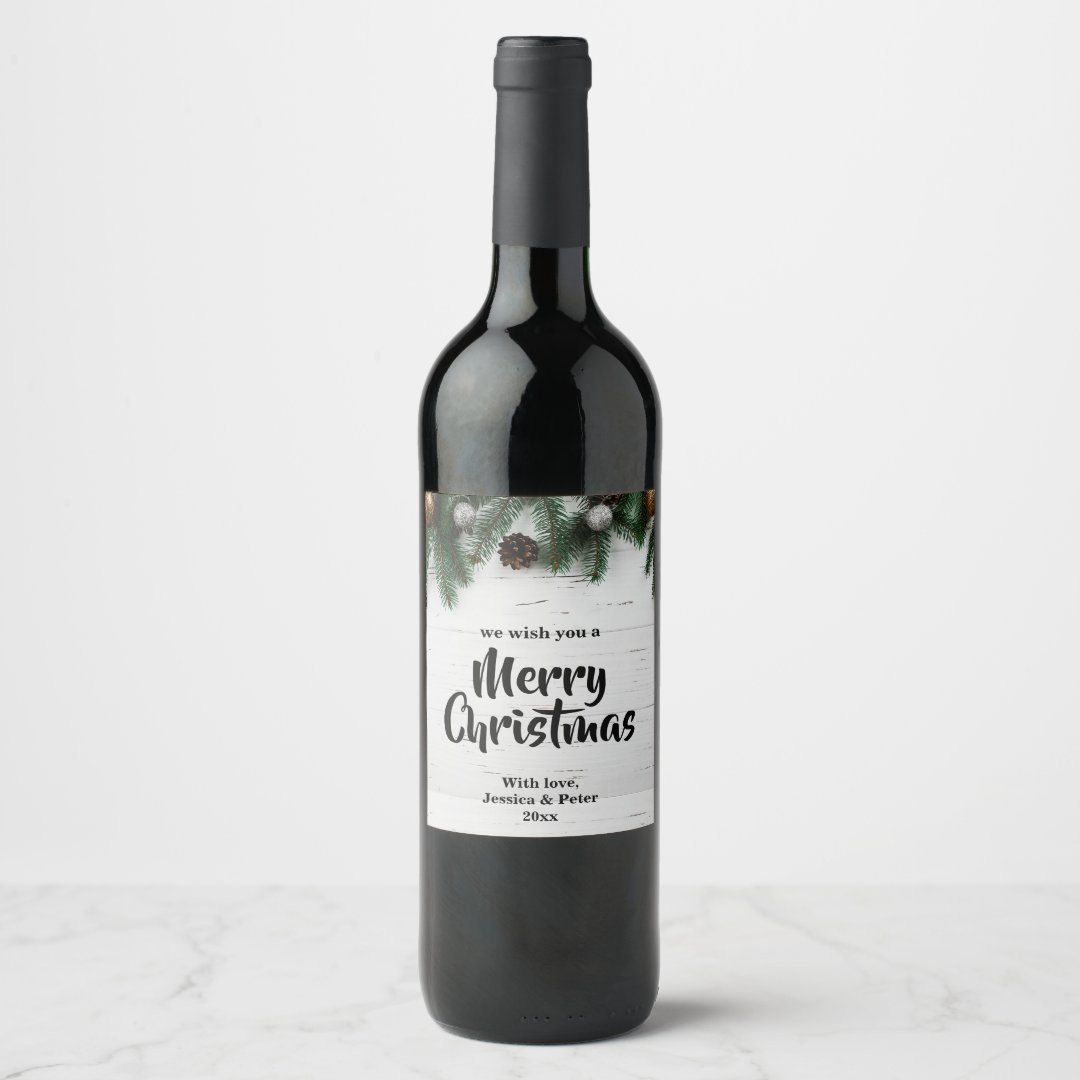 Rustic Merry Christmas pine tree Wine label | Zazzle
