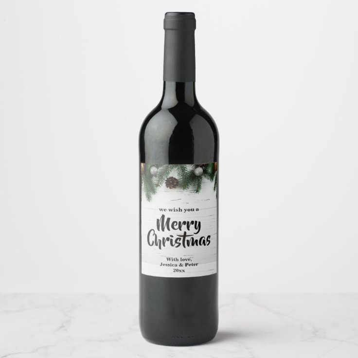 Rustic Merry Christmas pine tree Wine label | Zazzle