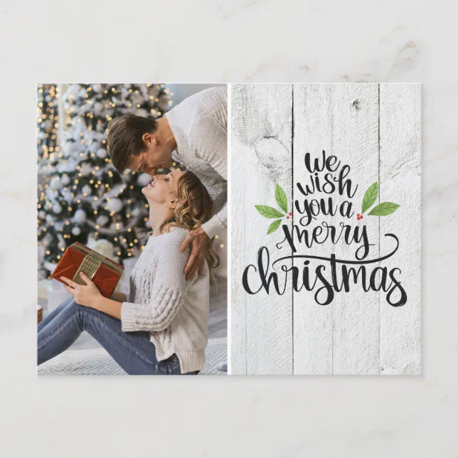 Rustic Merry Christmas Typography Photo Holiday Postcard | Zazzle
