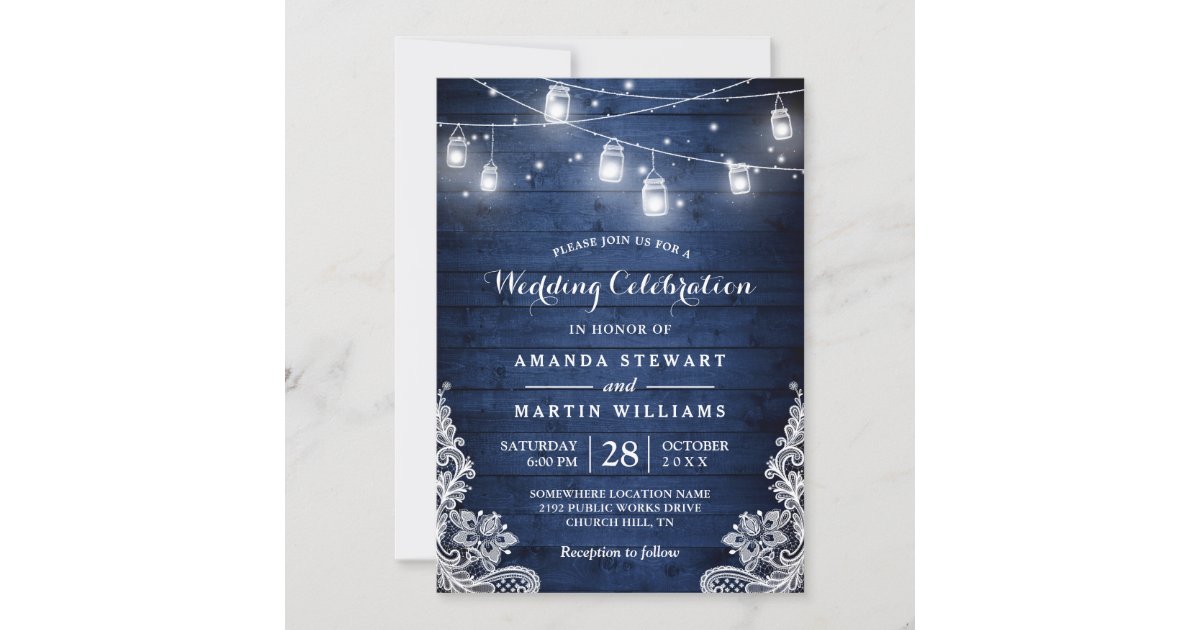 Rustic Midnight Blue String Lights Lace Wedding Invitation | Zazzle