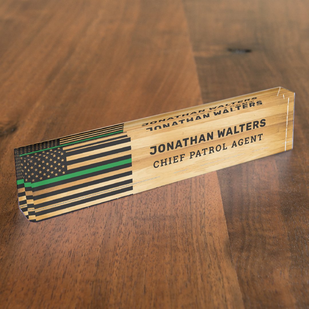 Rustic Military Officer Thin Green Line Flag Wood Desk Name Plate | Zazzle