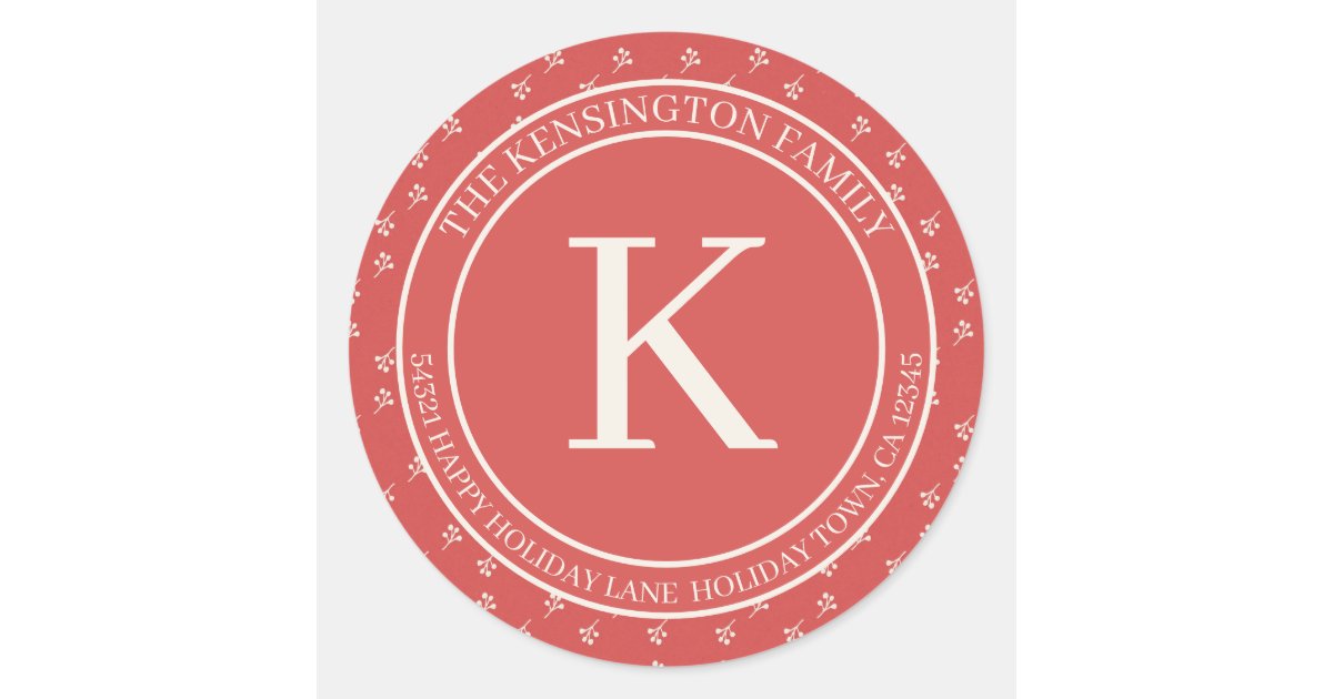 Rustic Minimal Winter Red Monogram Return Address Classic Round Sticker ...