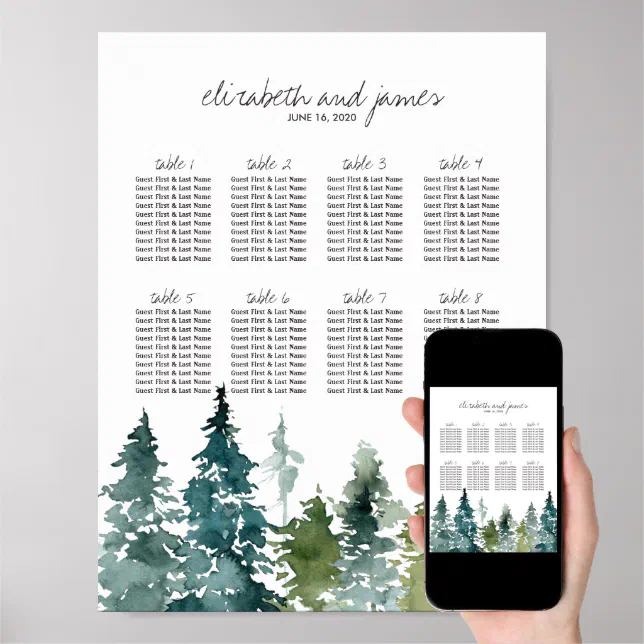 Rustic Minimalist Watercolor Wedding Table Seating Poster | Zazzle