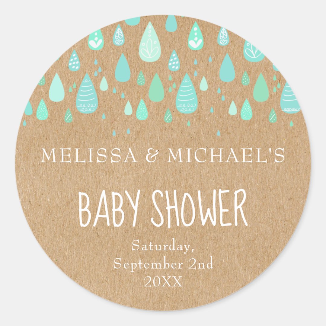 Rustic mint green raindrops couples baby shower classic round sticker ...