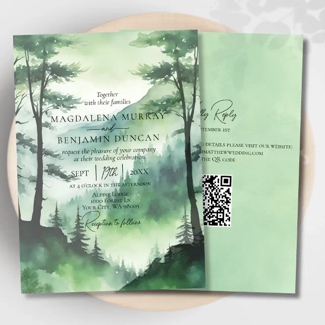 Rustic Misty Mountains Pine Trees QR Code Wedding Invitation | Zazzle