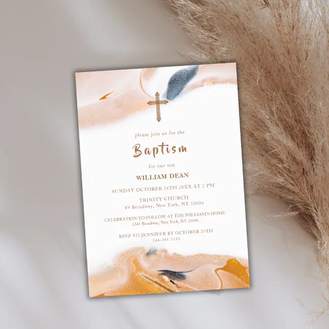 Rustic Modern Abstract Watercolor Cross Baptism Invitation | Zazzle