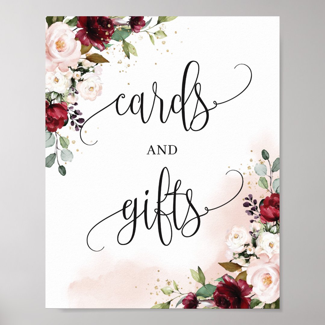 Rustic modern burgundy blush cards and gifts sign | Zazzle