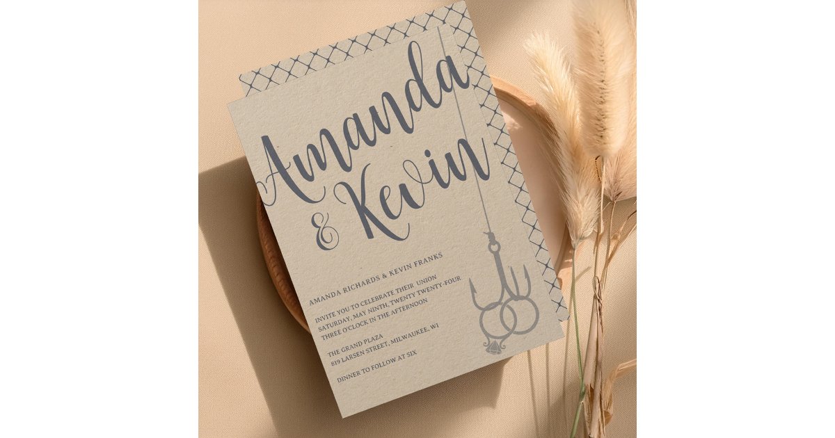 Rustic Modern Fishing Hook Wedding Ring Kraft Blue Invitation | Zazzle