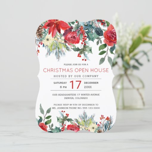Rustic modern floral winter holiday open house invitation | Zazzle