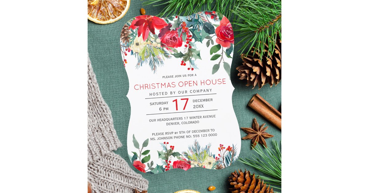 Rustic modern floral winter holiday open house invitation | Zazzle