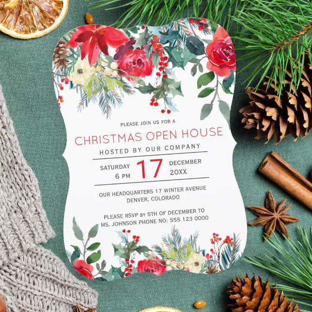 Rustic modern floral winter holiday open house invitation | Zazzle